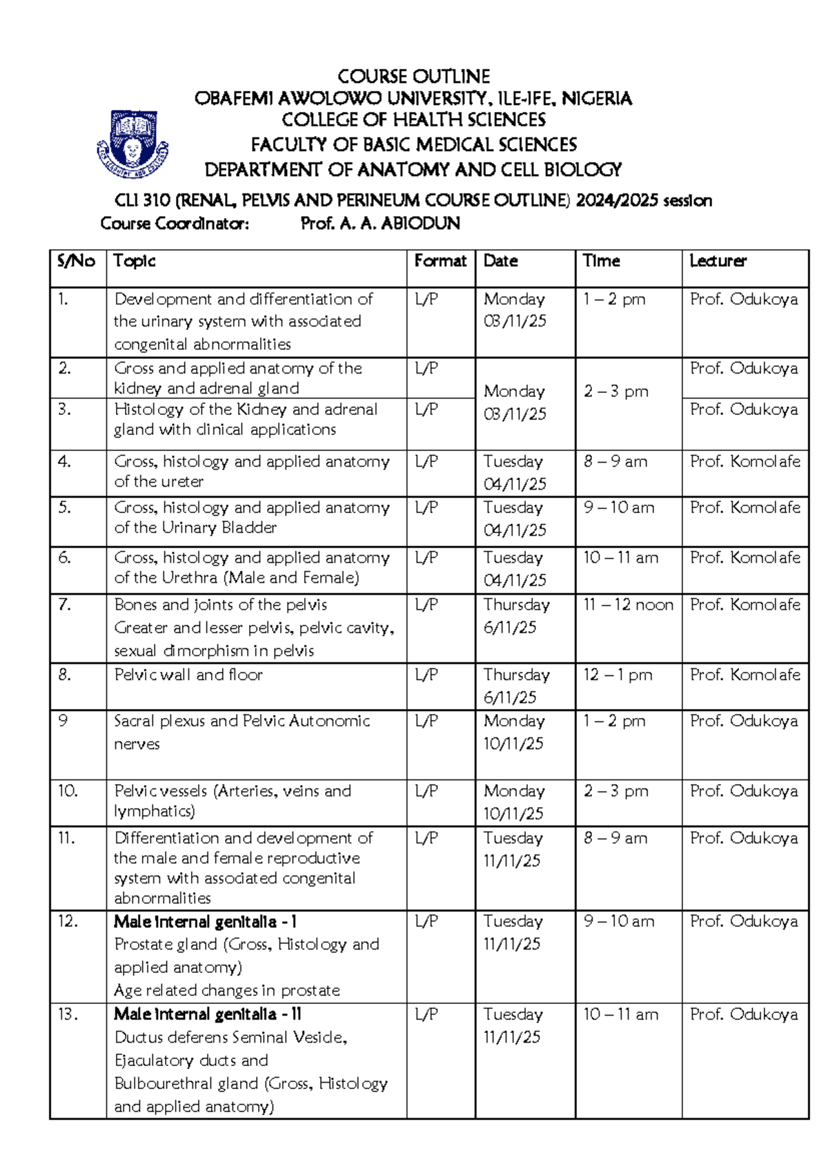 CLI 310 Anatomy Course Outline: Renal, Pelvis & Perineum 2025 - Studocu