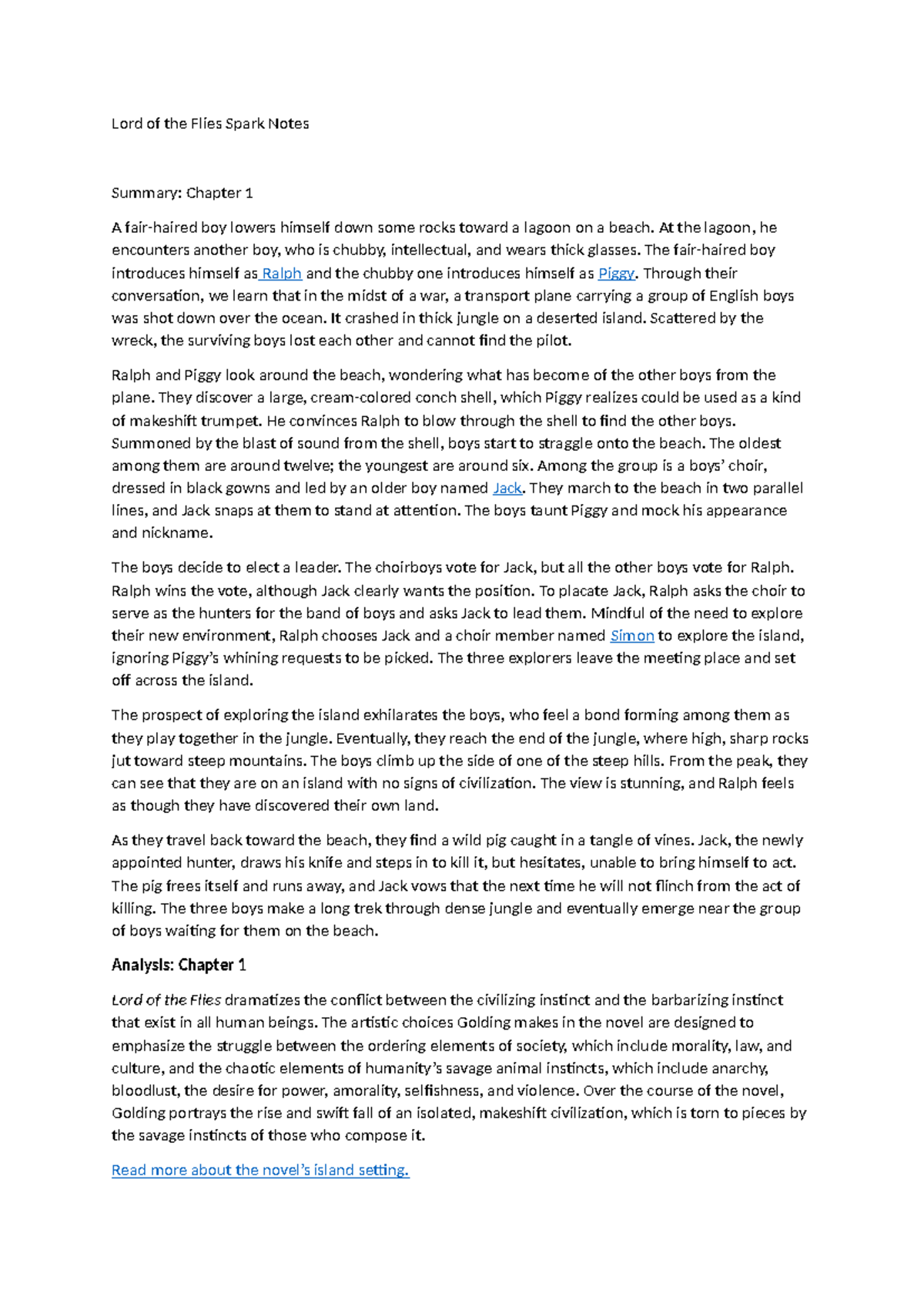 Lord of the Flies Spark Notes: Chapter Summaries 1-2 Analysis - Studocu