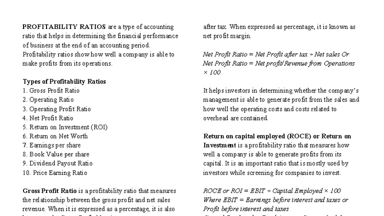 Profitability and Liquidity Ratios Overview - ACC 101 - Studocu