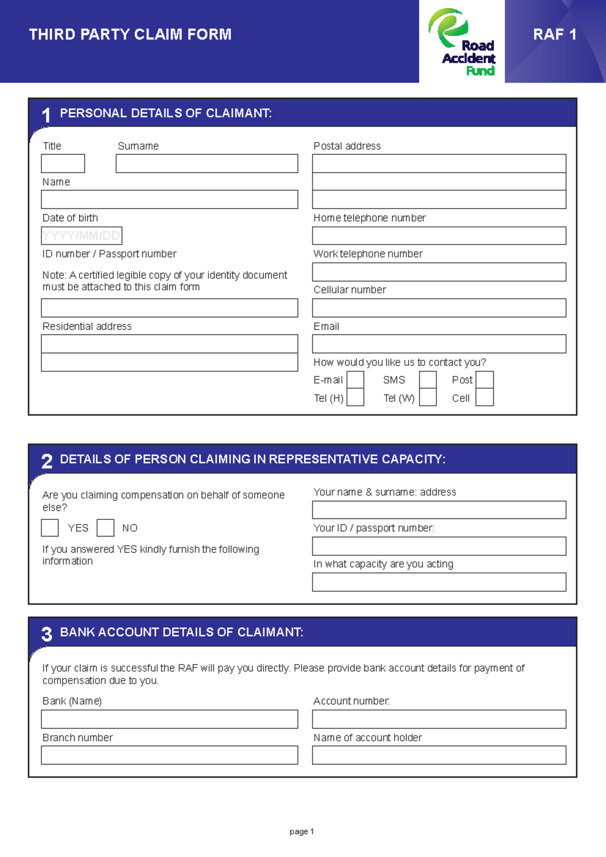 RAF 1 Third Party Claim Form - Title Surname Postal address Name Date ...