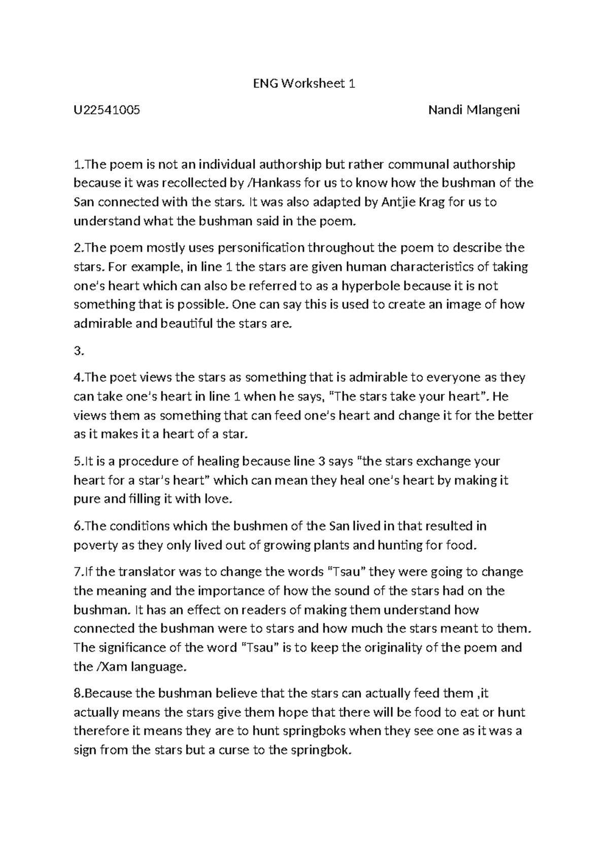 ENG 120 Worksheet 1 - Analysis of Bushman Poetry and Stars - Studocu