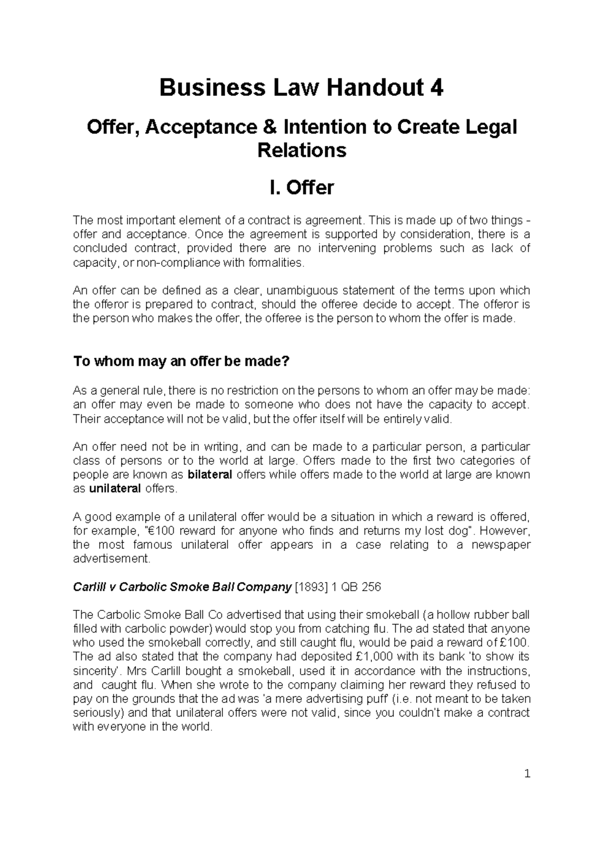 Business Law Handout 4: Offer, Acceptance & Intention to Create Legal ...