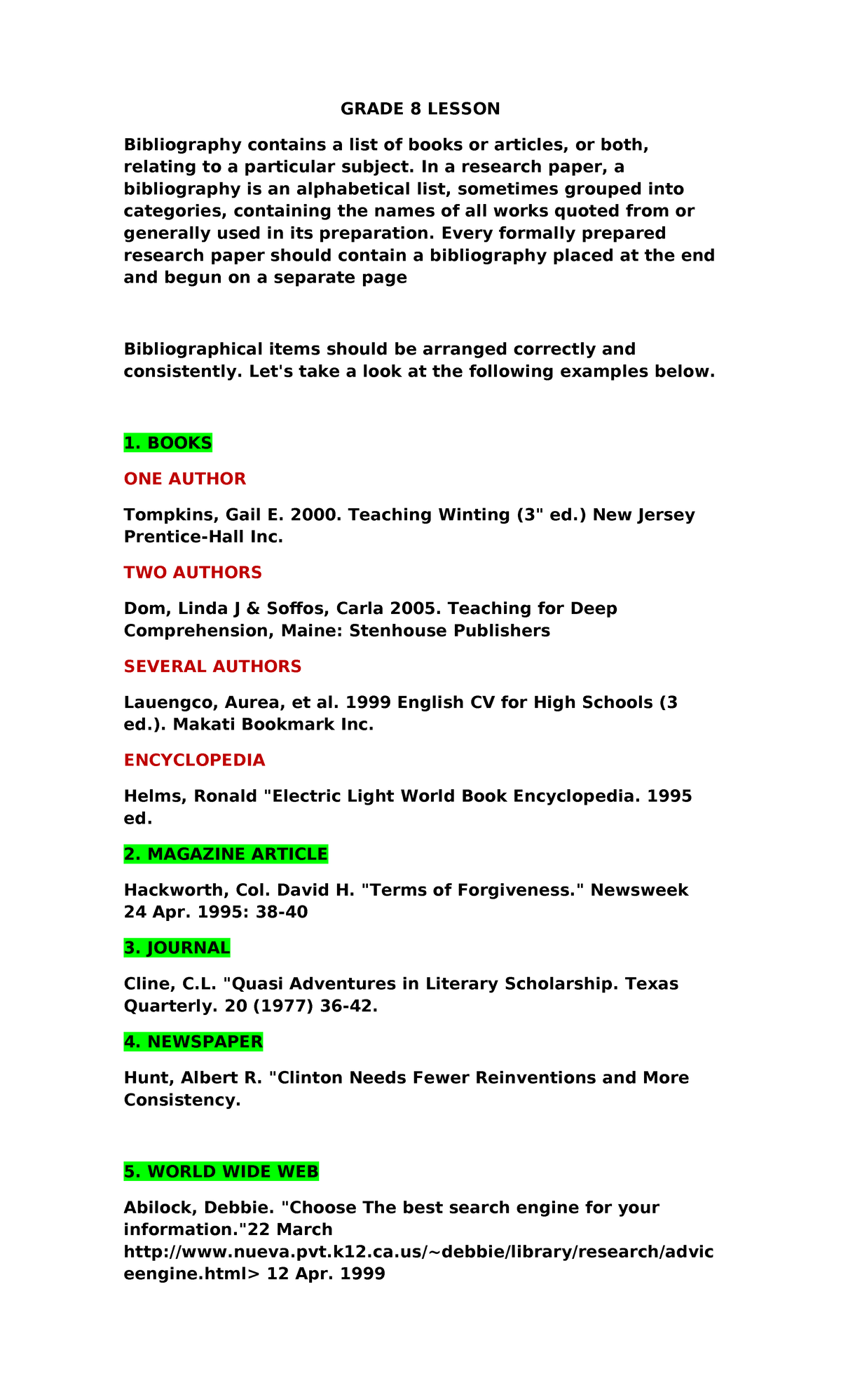 SRHS L1 - Lecture Notes - GRADE 8 LESSON Bibliography contains a list ...