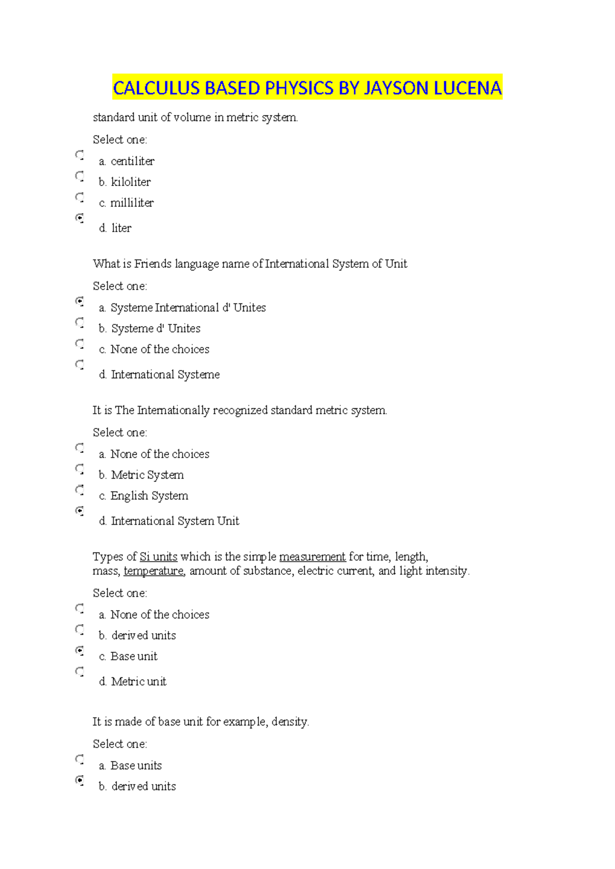CALCULUS BASED PHYSICS (CBP) JAYSON LUCENA Answer Key - Studocu