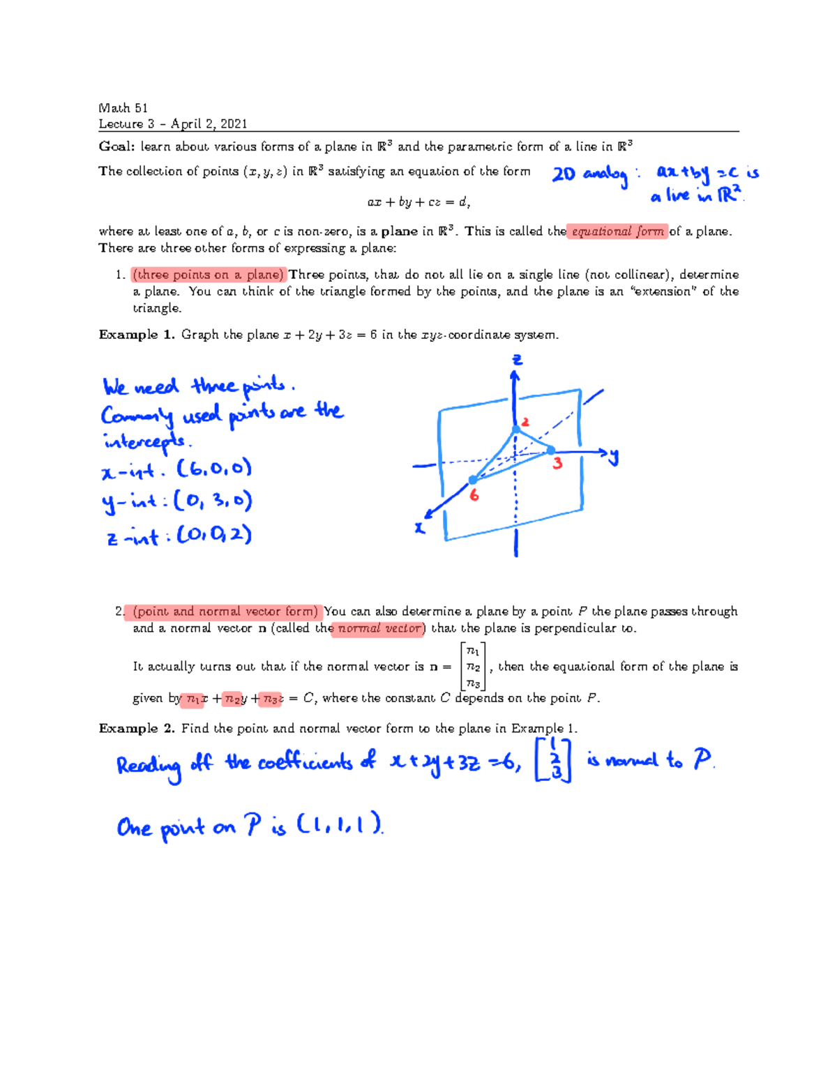 Math 51 Lecture 3: Understanding Planes and Lines in R³ - Studocu