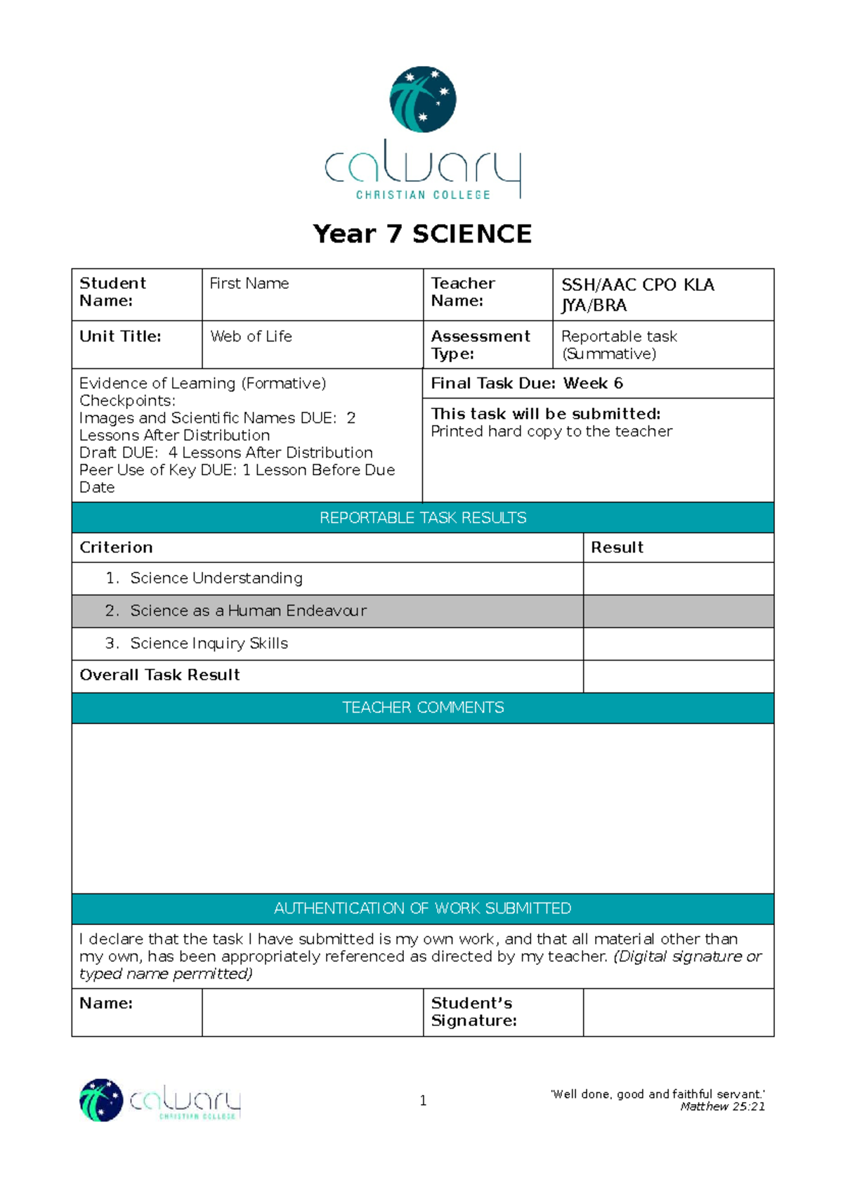 Year 7 SCIENCE Term 2 2026 Research Task: Web of Life Report - Studocu