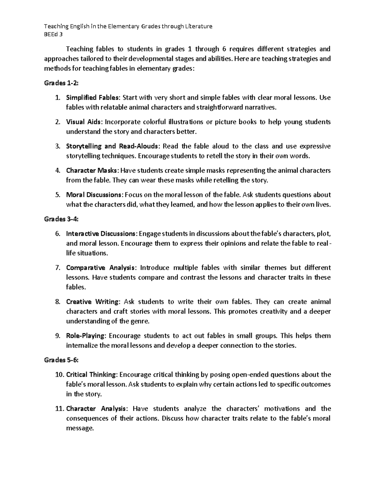 BEEd 3 Teaching Strategies for Fables in Elementary Grades - Studocu
