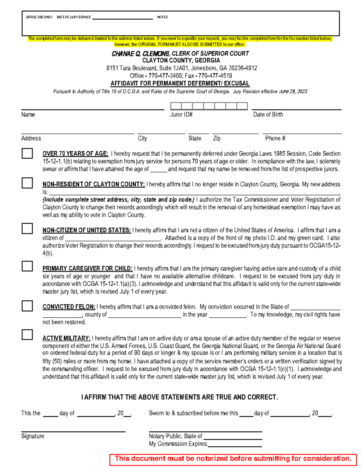 Affidavit for Permanent Deferment from Jury Duty in GA - Studocu