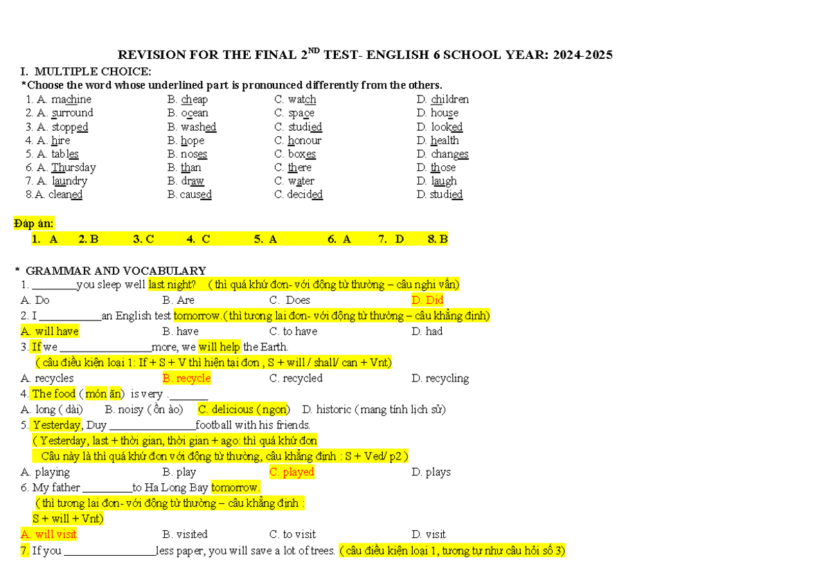 REVISION FOR FINAL EXAM - ENGLISH 6 - SCHOOL YEAR 2024-2025 - Studocu
