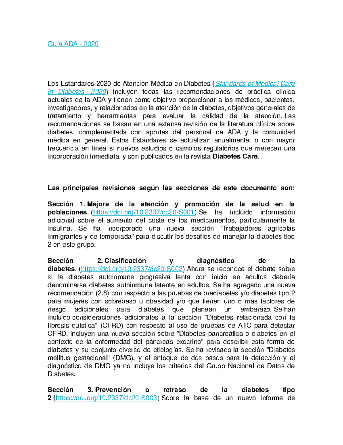 Guía ADA 2020 - Estándares de Atención Médica en Diabetes - Studocu