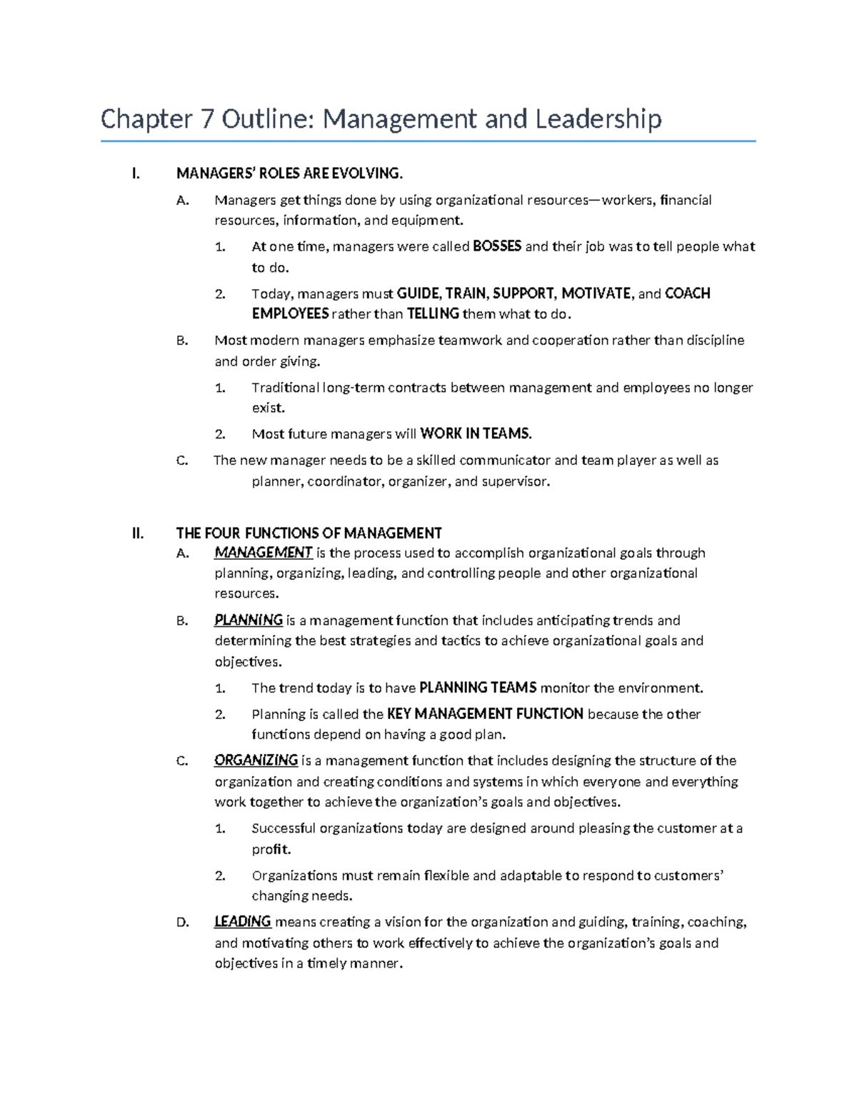Chapter 7: Management & Leadership Concepts and Practices - Studocu