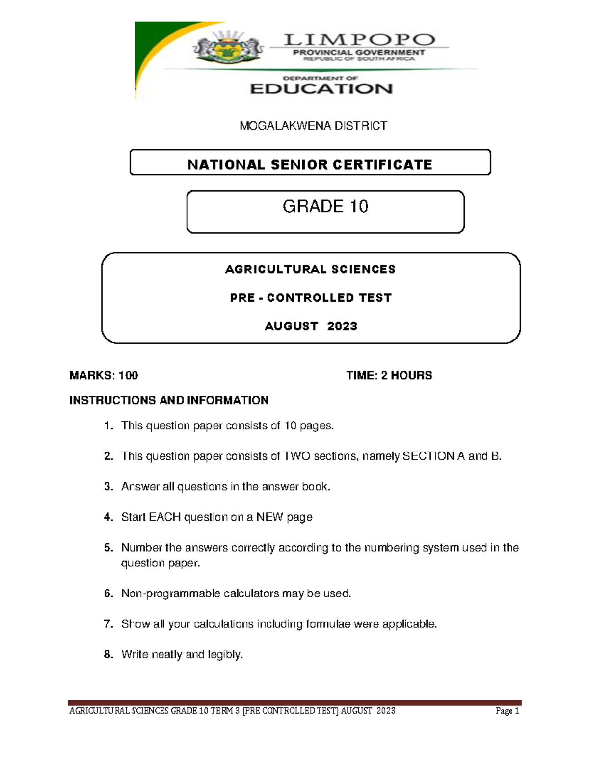 AGRS Grade 10 Term 3 Pre-Test 2023: Agricultural Sciences Insights ...