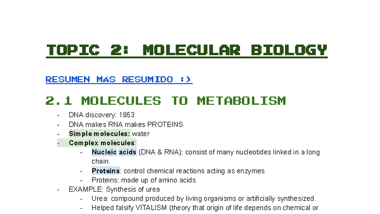 Molecular Biology Summary: Topic 2 - Bio SL Notes - Studocu