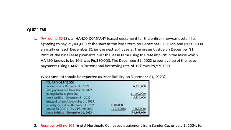 QUIZ 1 FAR - Lease Accounting Practice Questions - Studocu