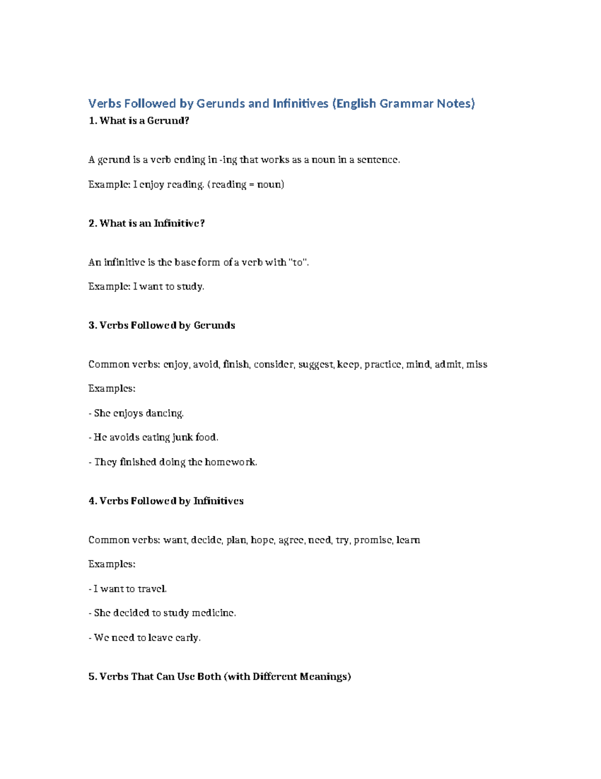 English Grammar Notes: Verbs Followed by Gerunds & Infinitives - Studocu