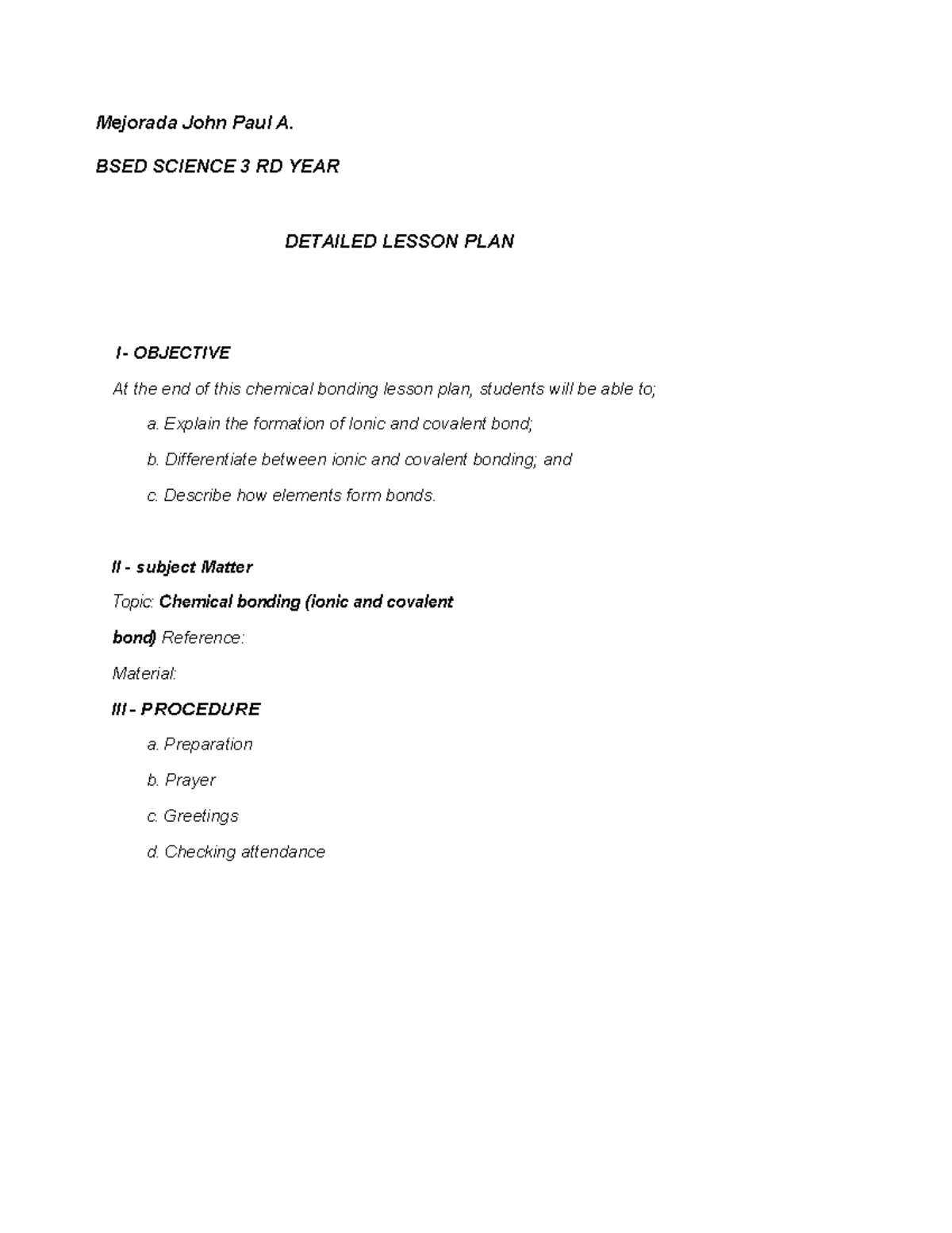 Detailed Lesson Plan on Chemical Bonding for BSED Science 3rd Year ...