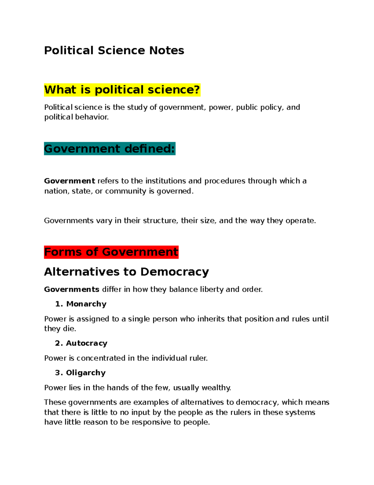 Political Science Notes: Understanding Government and Power - Studocu