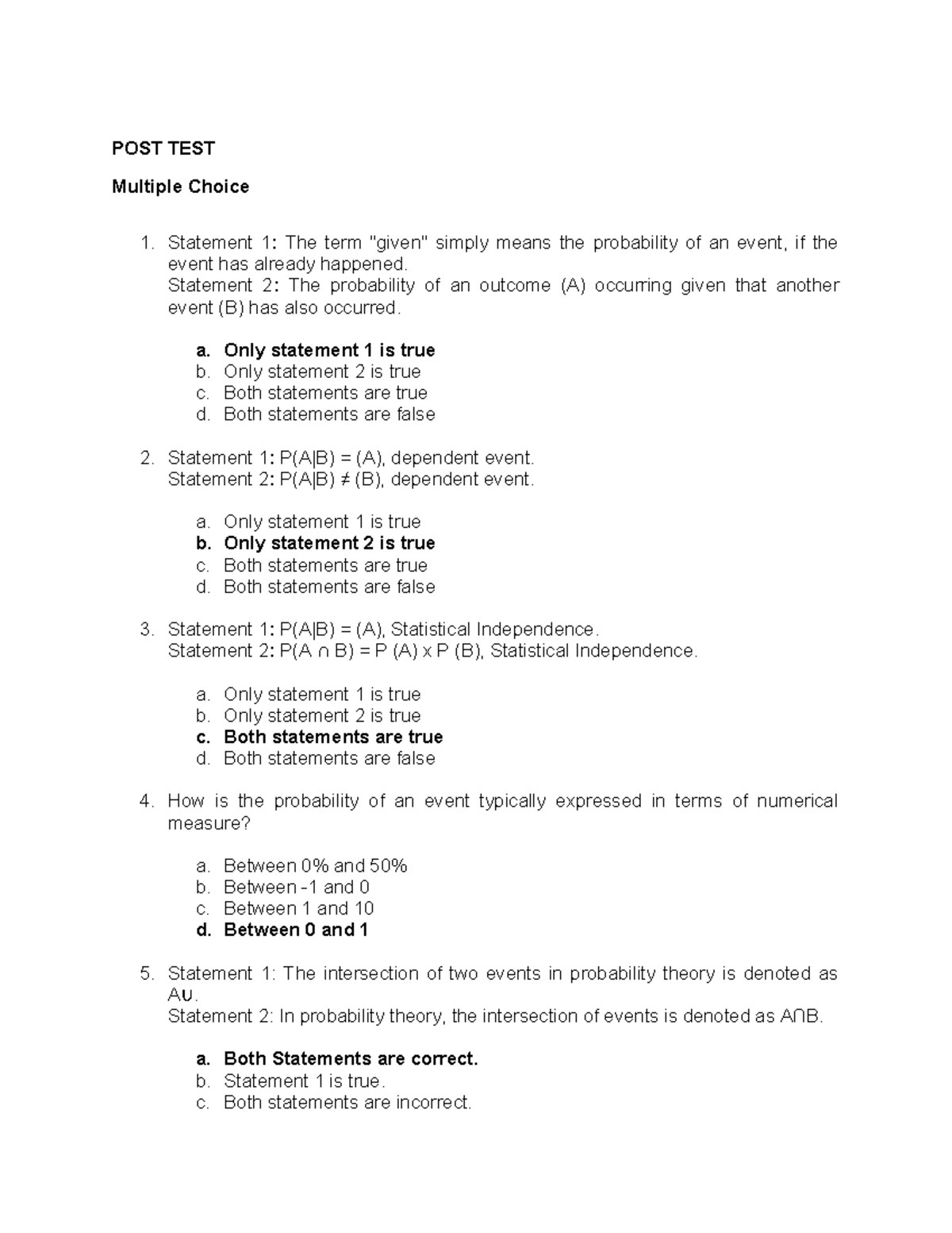 STAT -POST-TEST - statistics - POST TEST Multiple Choice 1. Statement 1 ...
