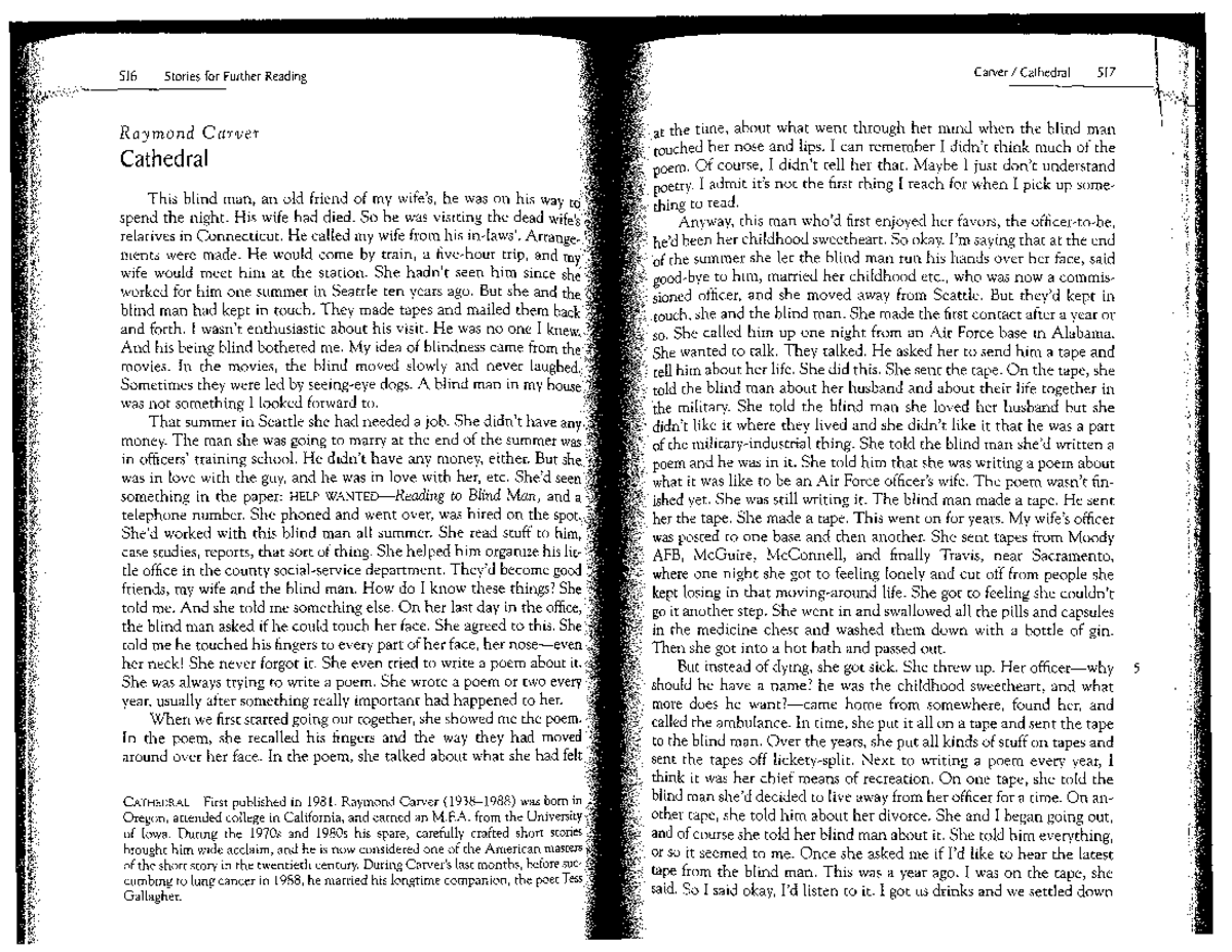 Cathedral - ELA 516: Analyzing Raymond Carver's Short Story - Studocu