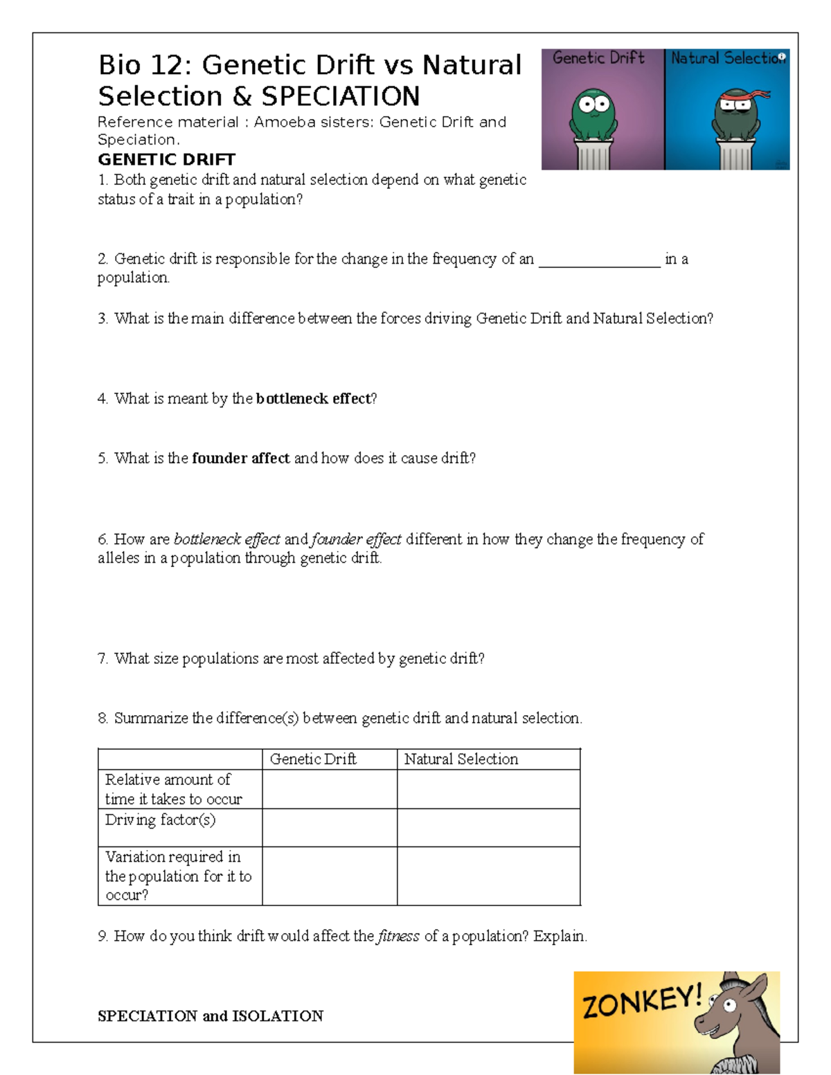 Drift vs Selection and Speciation questions from Amoeba Sisters videos ...
