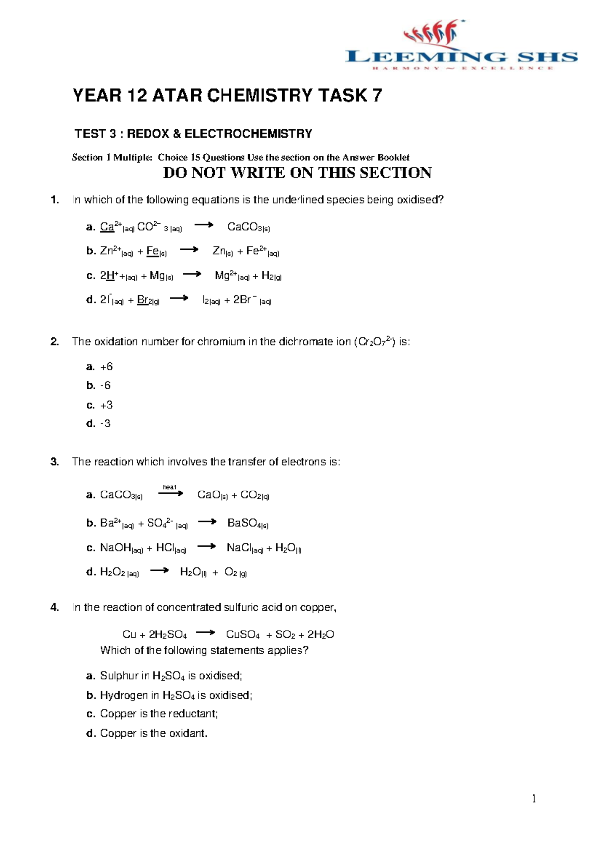YEAR 12 ATAR CHEMISTRY TASK 7 TEST 3: REDOX ELECTROCHEMISTRY MULTIPLE ...