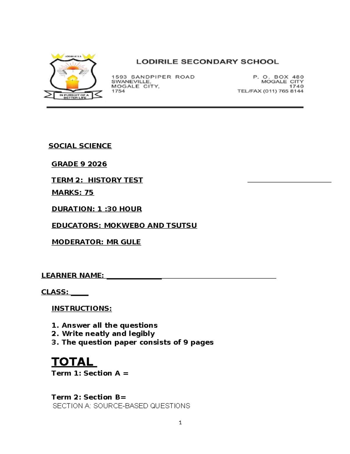Grade 9 Social Science Term 2: History Test on WWII Causes and Effects ...