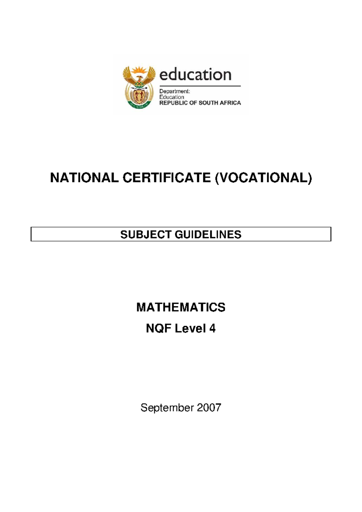 Subject Guidelines: Mathematics NQF Level 4 (Vocational) - Studocu