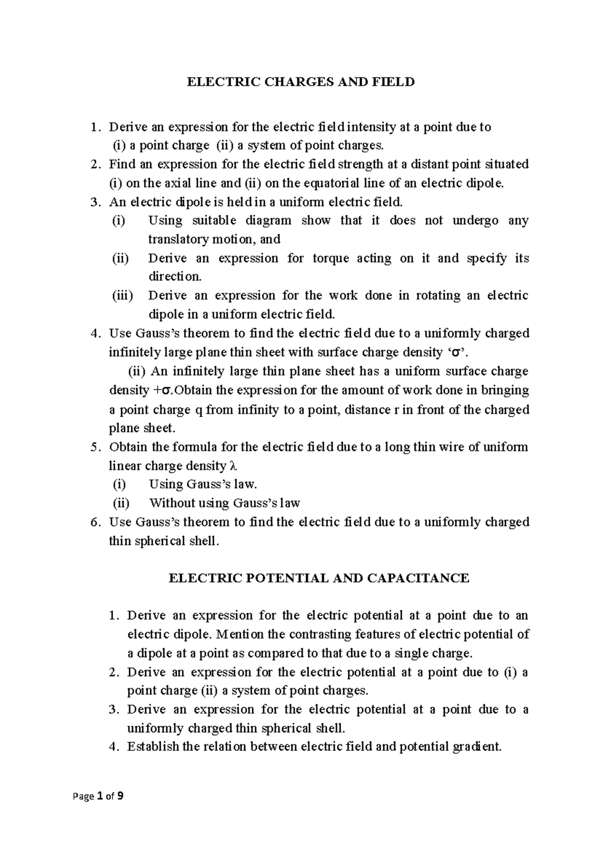 Derivations for Electric Charges, Fields, and Potential in Physics XII Part 1 - Studocu
