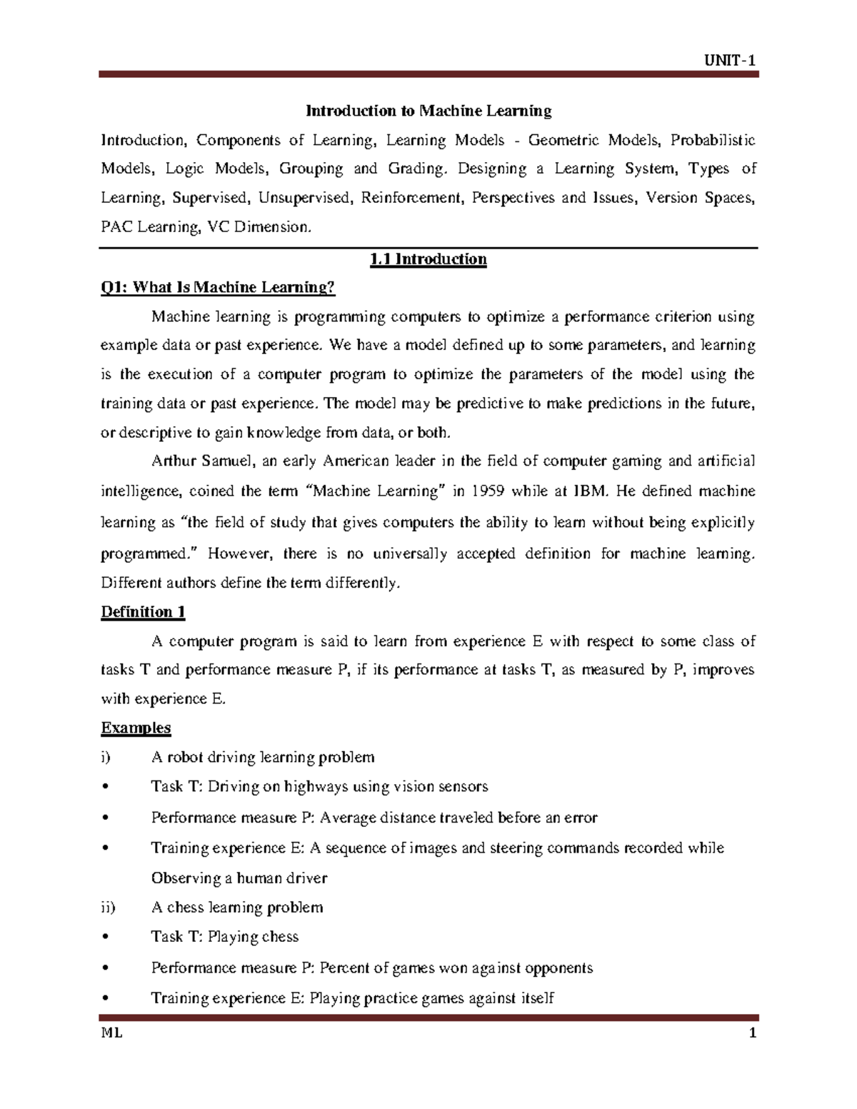 UNIT 1 - Machine Learning Fundamentals and Key Concepts - Studocu