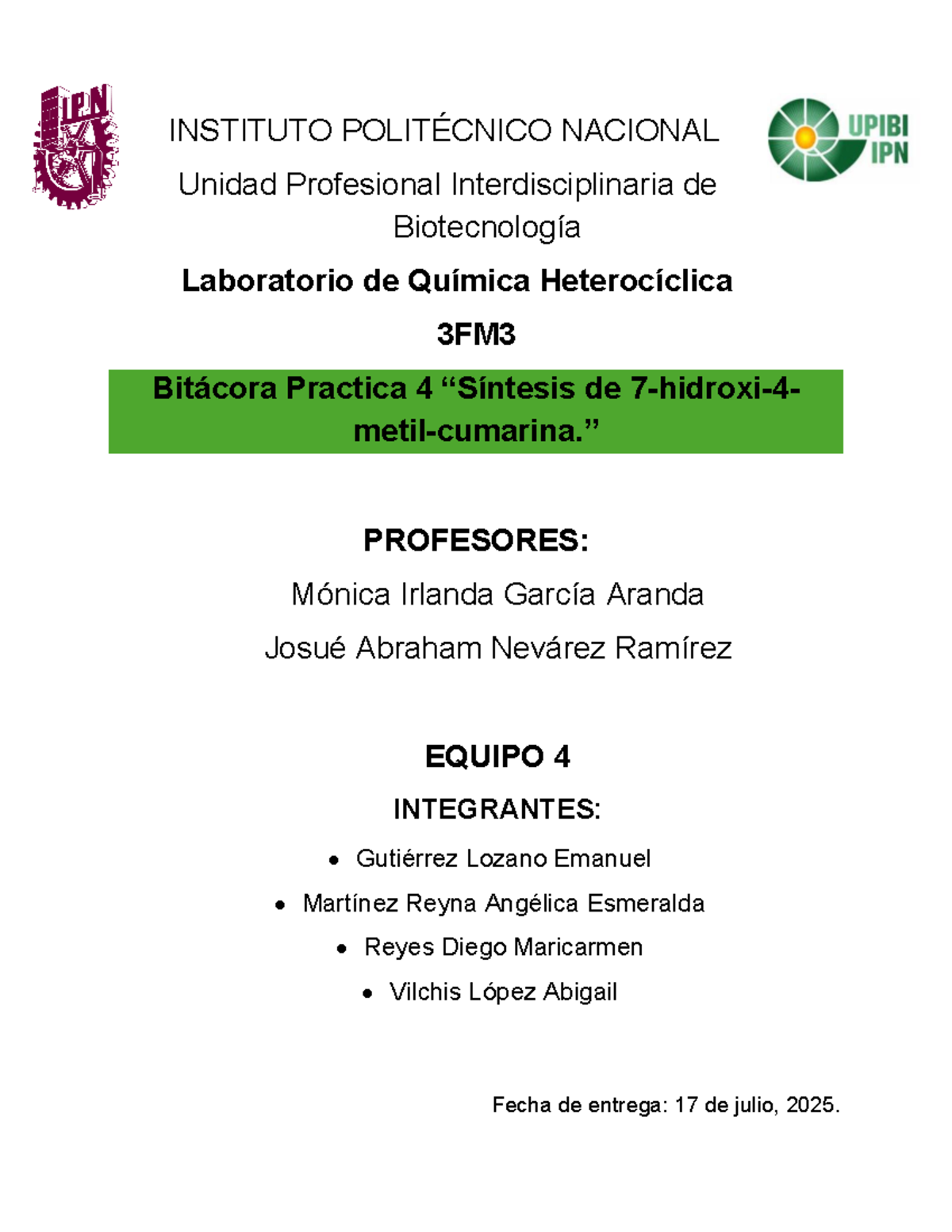 Bitácora Práctica 4 - Química Heterocíclica 3FM3 - Equipo 4 - Studocu