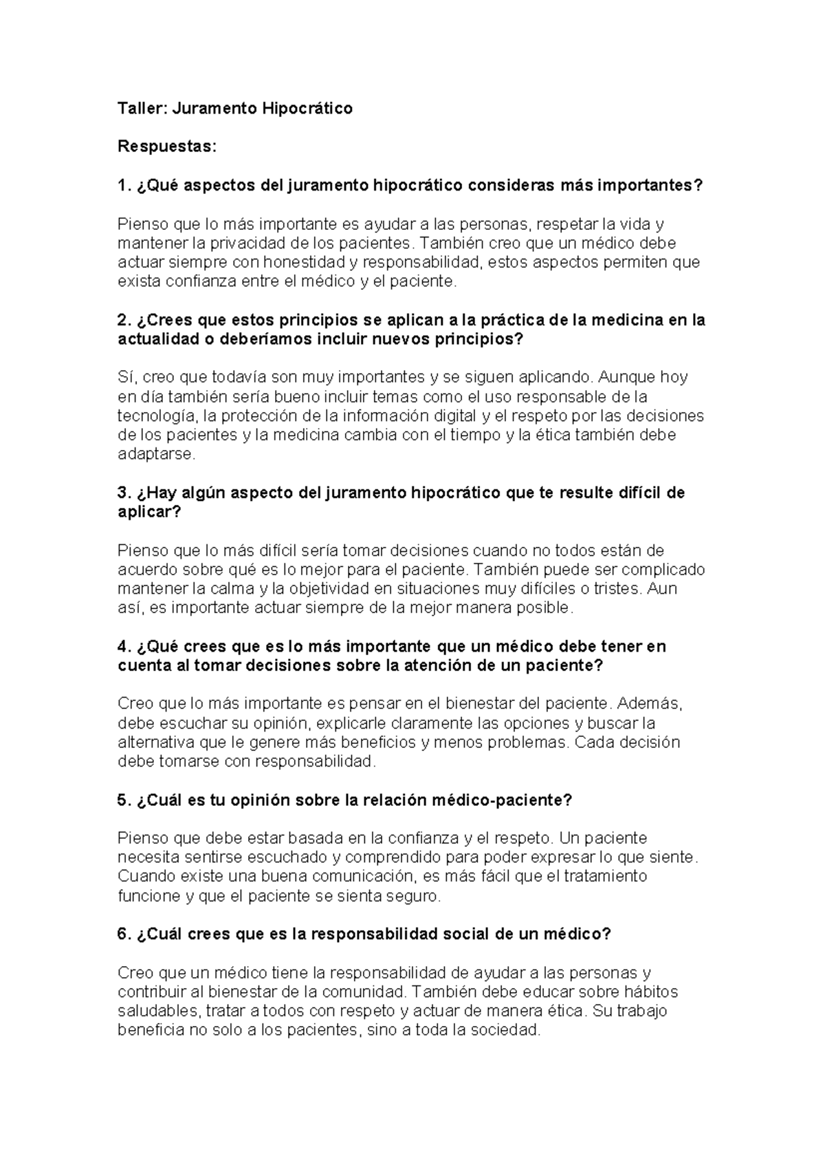 Taller: Juramento Hipocrático y Ética Médica en Colombia - Studocu