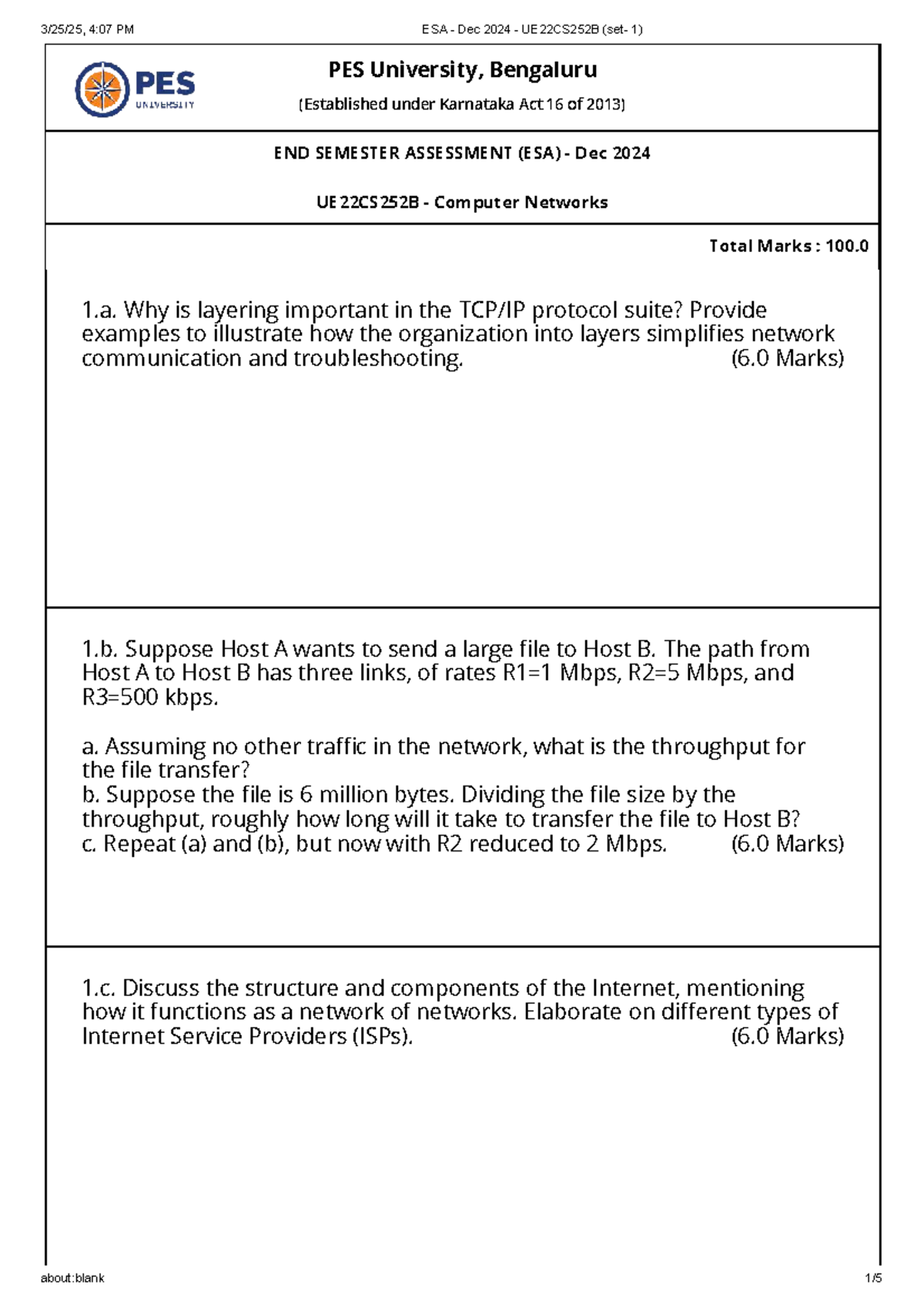 ESA Dec 2024 UE22CS252B Computer Networks Final Exam Questions - Studocu