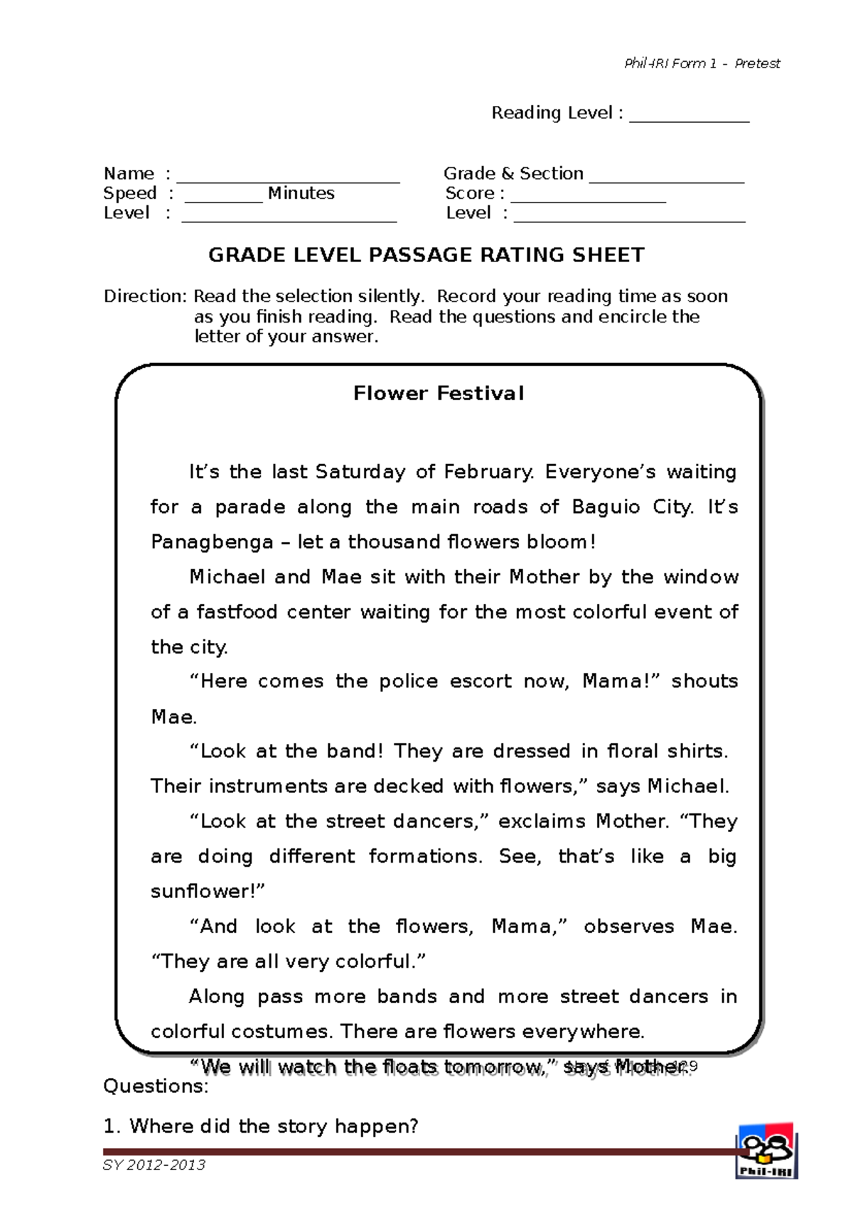 Grade 3 Reading Pretest: Flower Festival Passage & Questions - Studocu