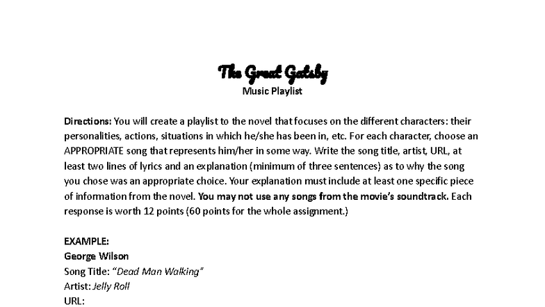 Gatsby Playlist Assignment: Character Songs & Analysis - Studocu