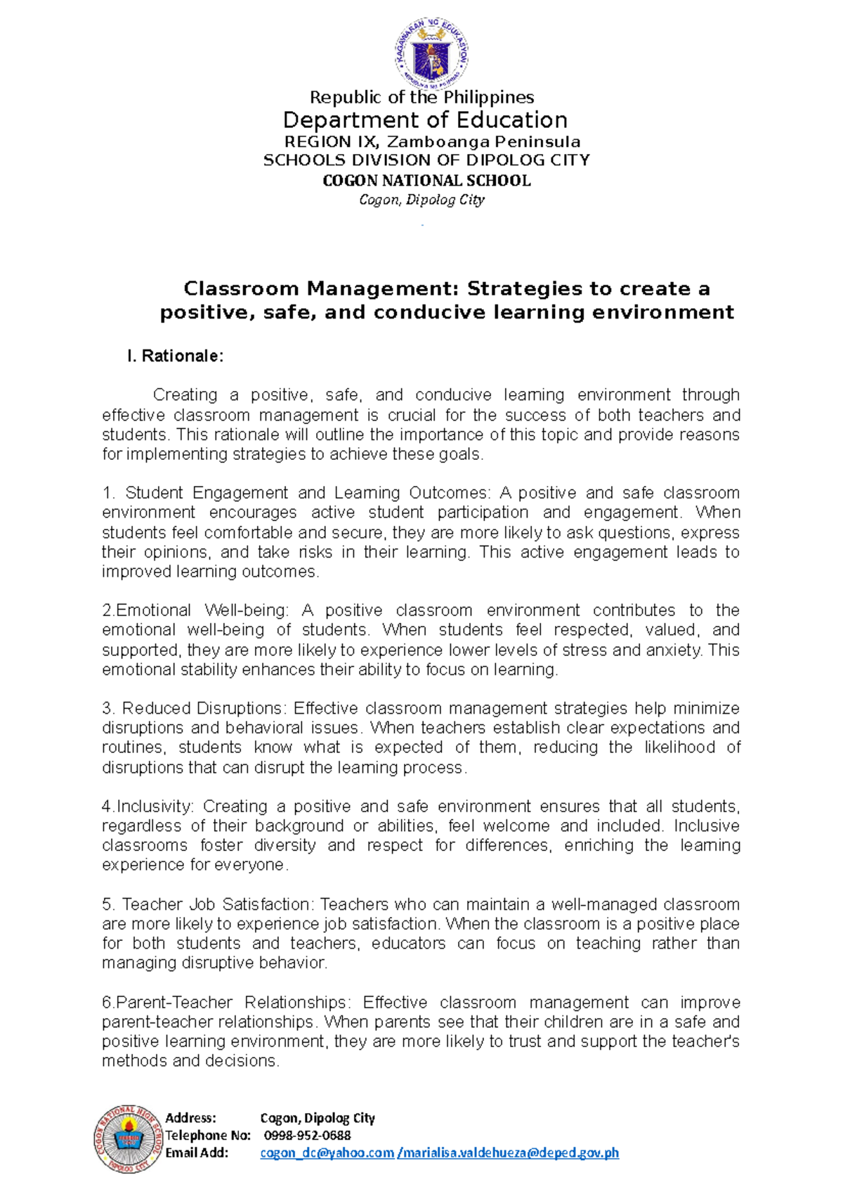 LAC- Classroom Management Strategies Proposal for Teacher Development ...