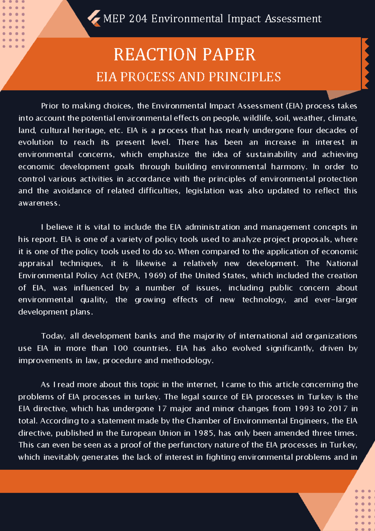 MEP 204 Reaction Paper: EIA Process & Principles Analysis - Studocu