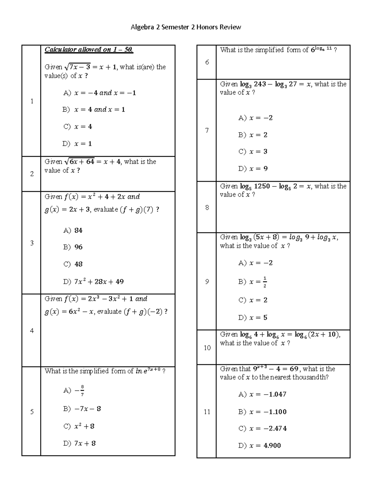 Algebra 2 Semester 2 Honors Review - Studocu