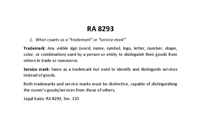 RA 8293 Trademark Registration and Rights Overview - Studocu