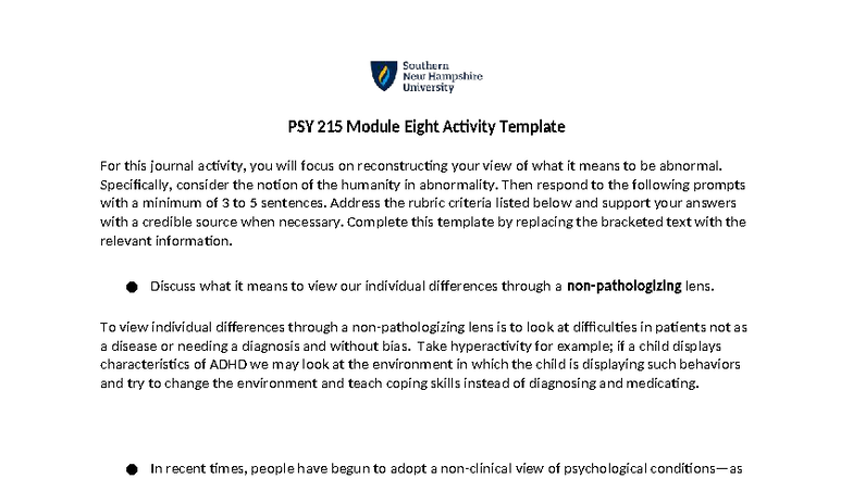 PSY 215 Journal Activity: Reconstructing Abnormality Perspectives - Studocu