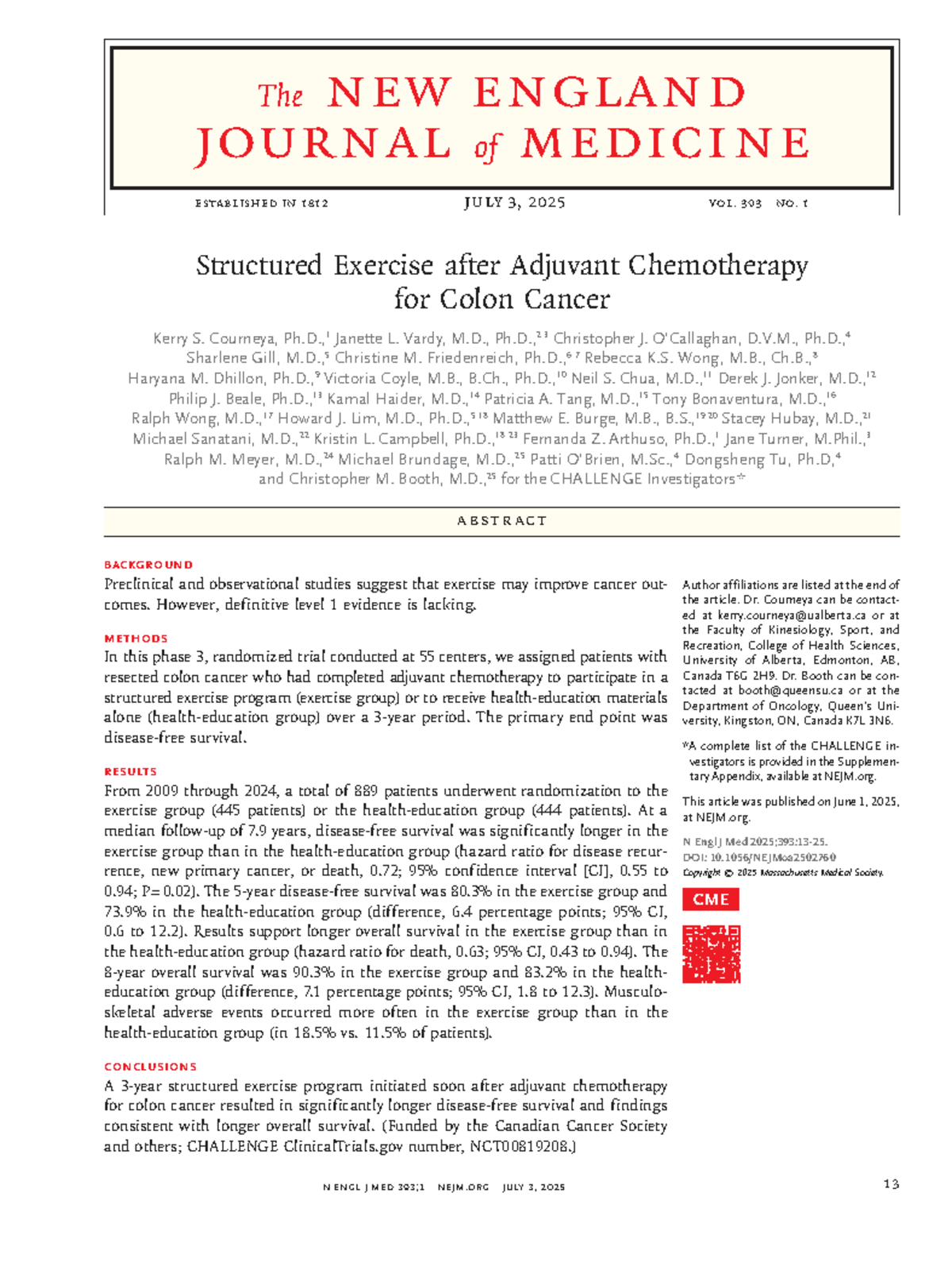 Exercise and Colon Cancer: CHALLENGE Trial Results (N Engl J Med) - Studocu