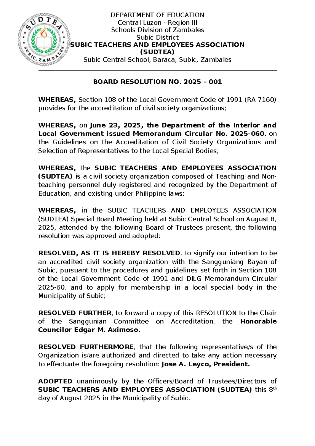 Board Resolution No. 2025-001: SUDTEA Accreditation Intent - Studocu
