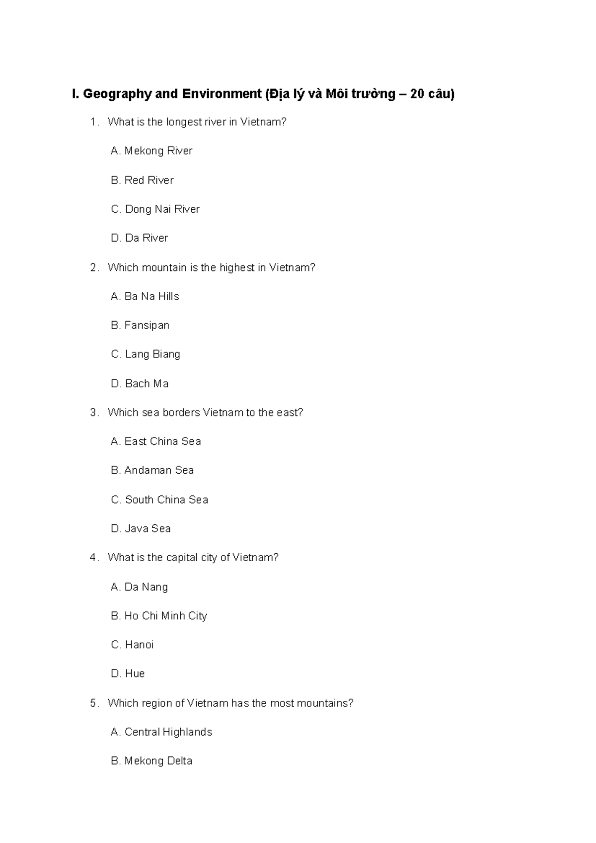 Geography and Environment Quiz (Địa lý và Môi trường 20 câu) - Studocu