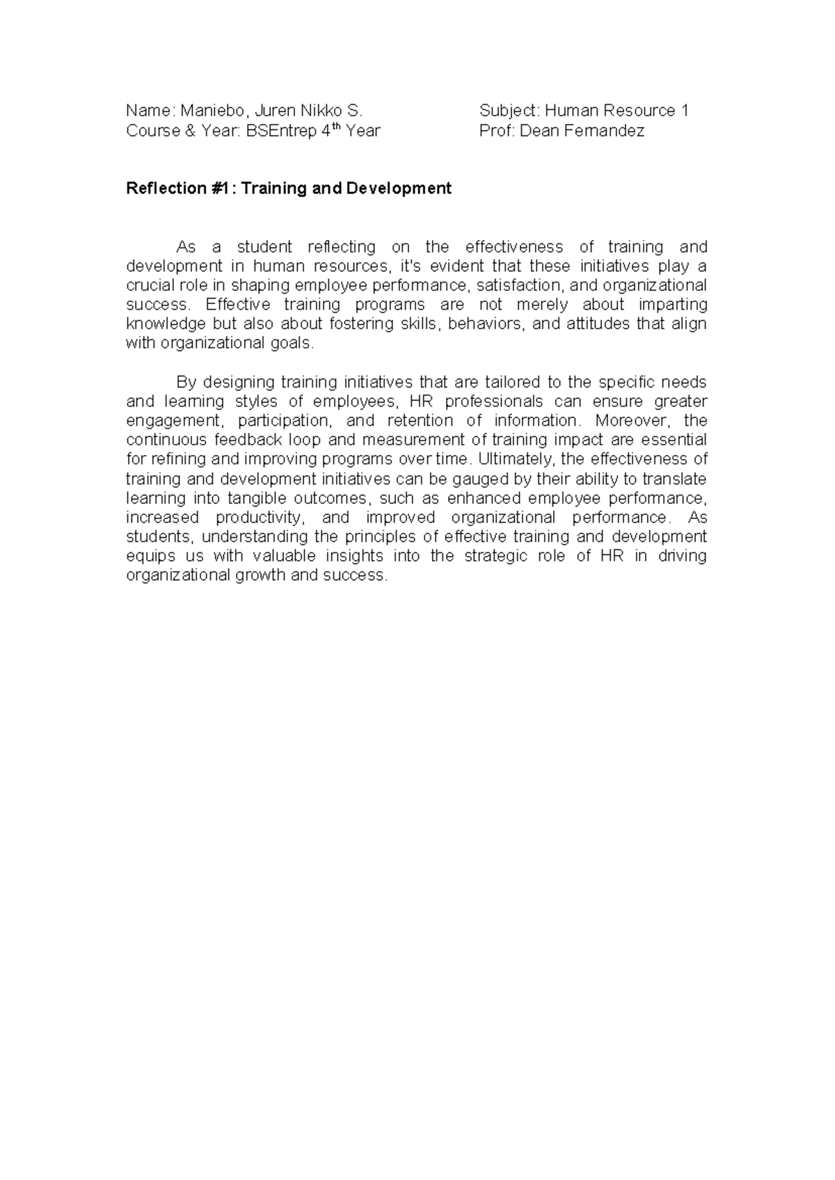 HR Reflection 1: Training & Development Insights - BSEntrep 4th Year ...