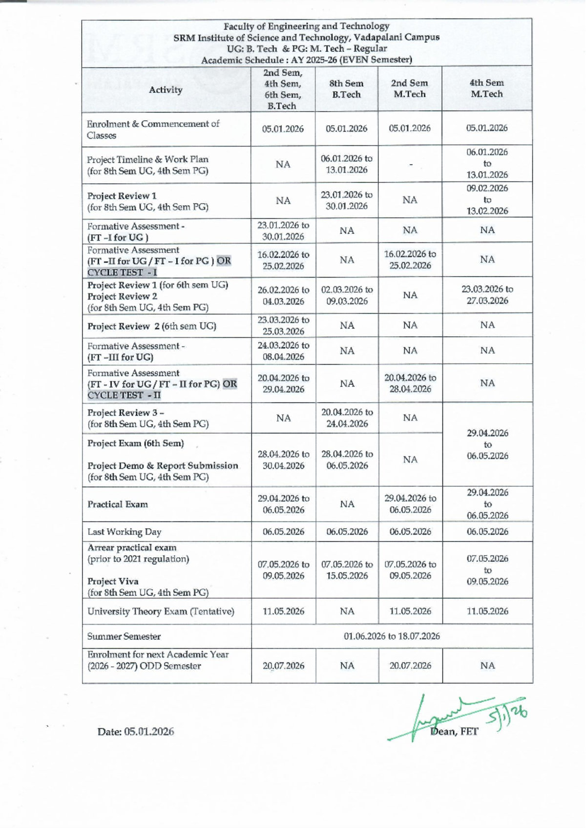 Academic Schedule FET: B.Tech & M.Tech Even Sem 2025-2026 - Studocu