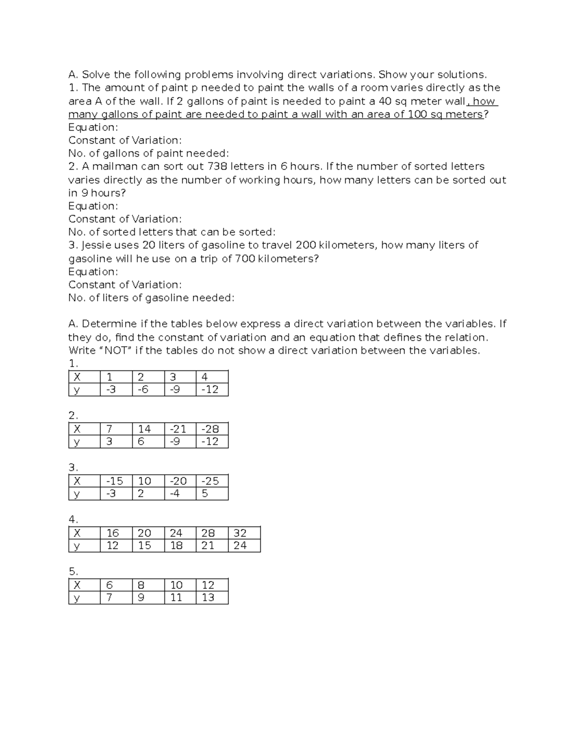 Math 9 Activity: Direct Variation Problems and Solutions - Studocu