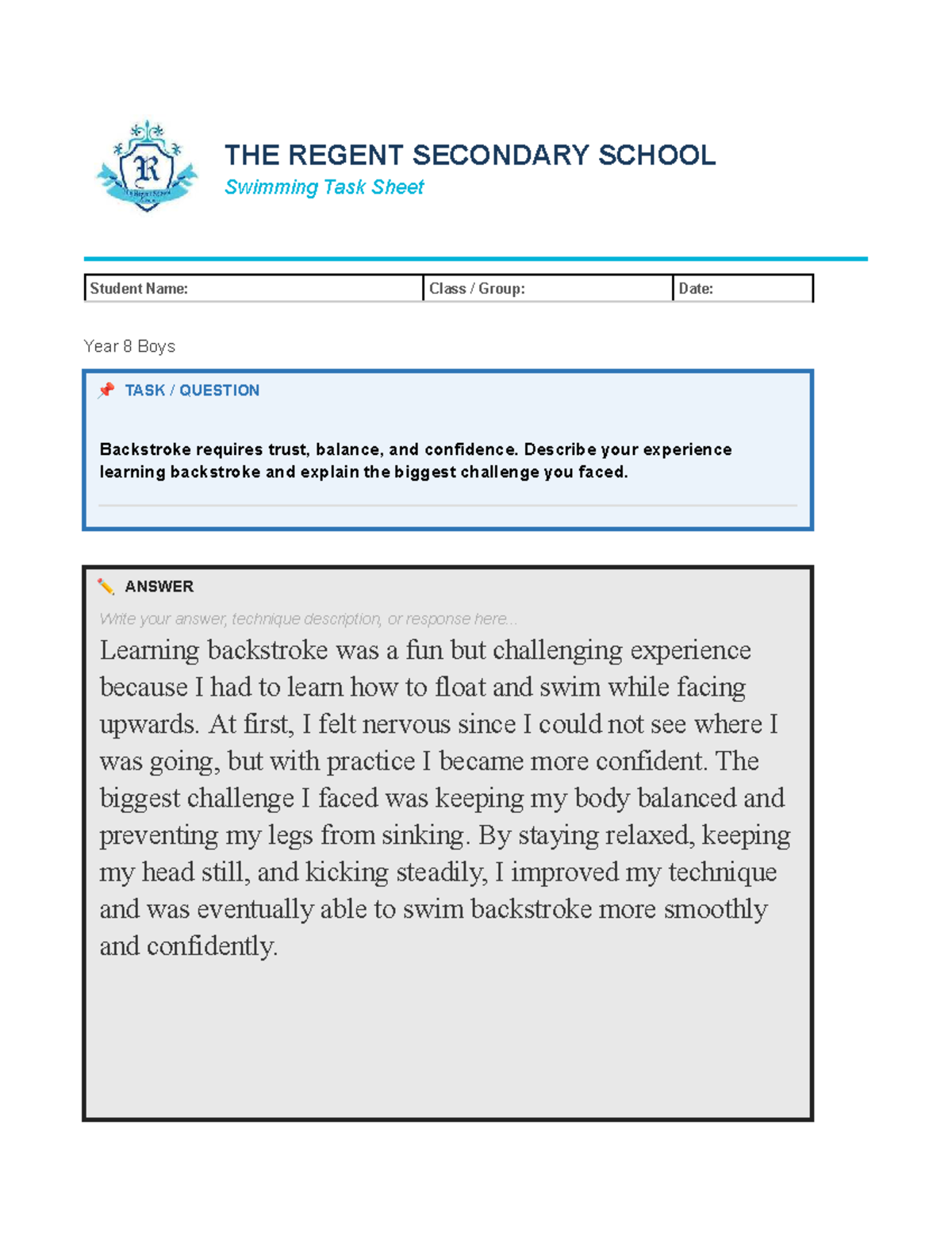 Regent Secondary School Year 8 Boys Swimming Task Sheet - Studocu