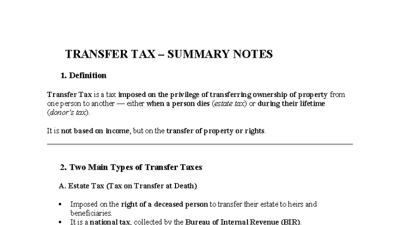 TRANSFER TAX SUMMARY NOTES: Estate & Gift Tax Overview - Studocu