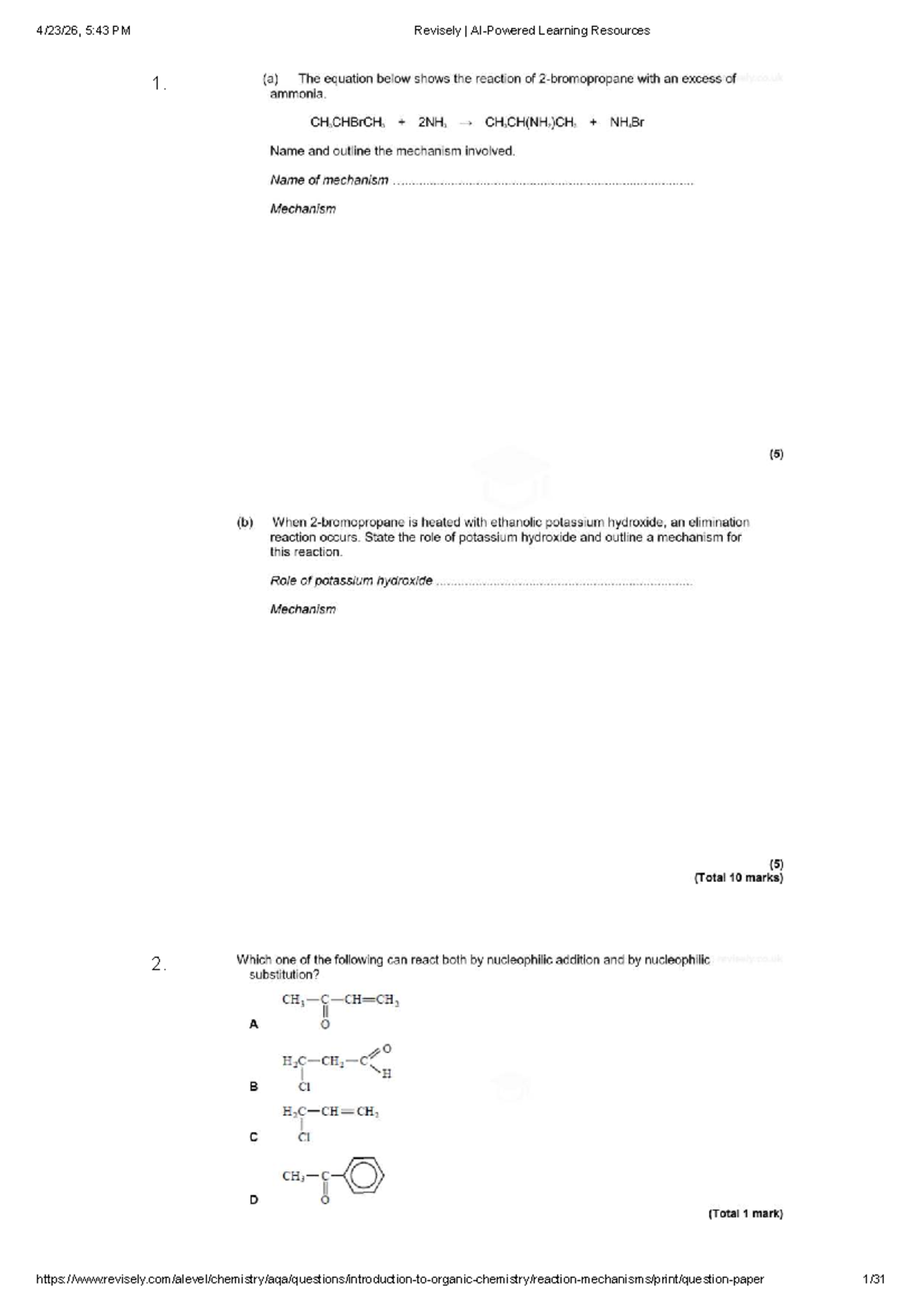 Revisely Learning Resources: Mechanism Questions Overview - Studocu