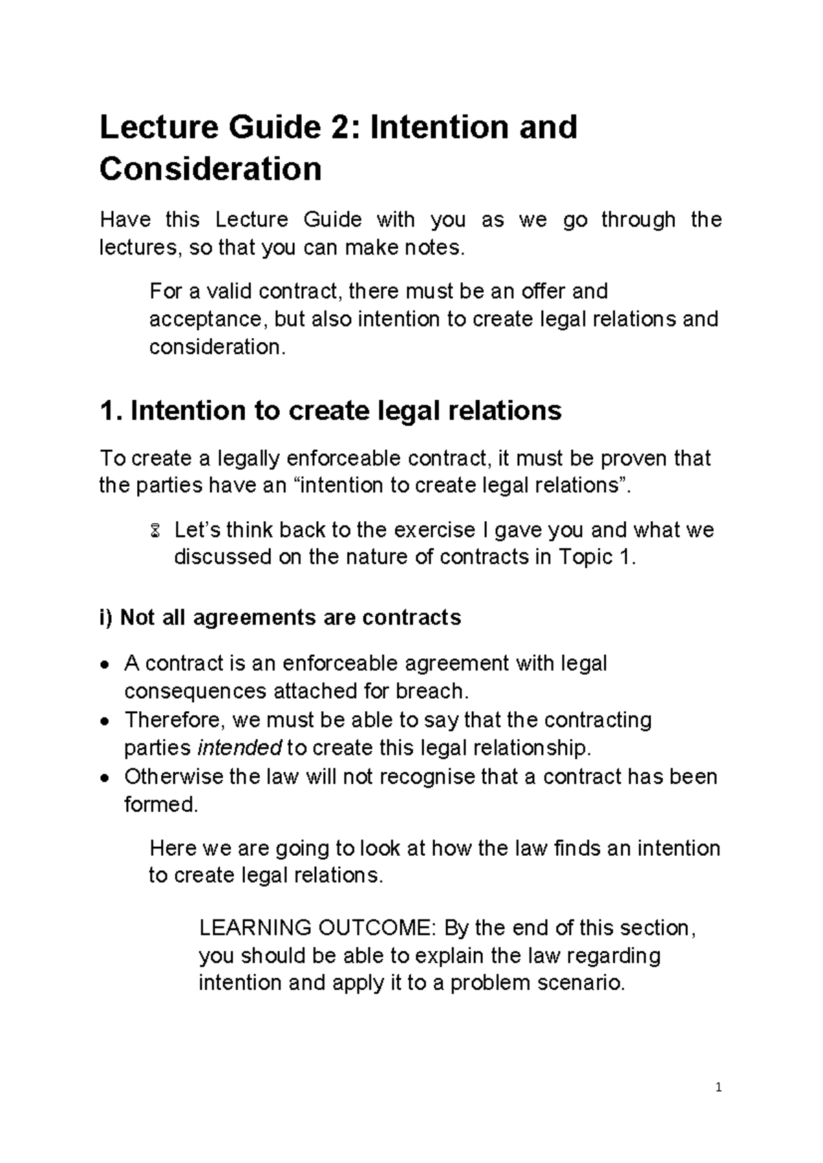 Lecture Guide 2: Intention and Consideration in Contract Law - Studocu