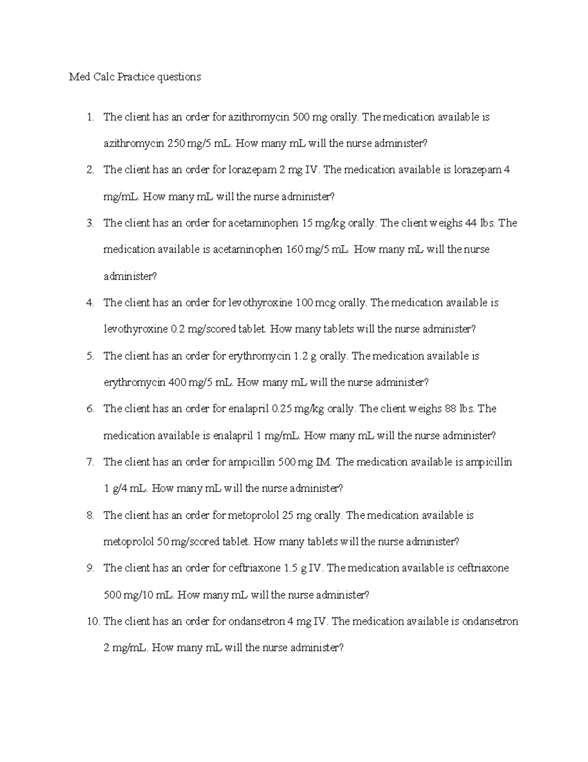 Med Calc Practice Questions: Dosage Calculations & Infusion Rates - Studocu